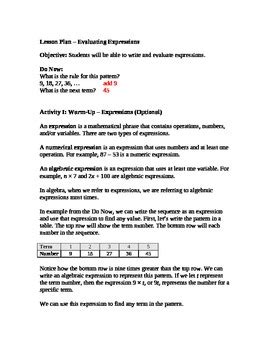 Evaluating Expressions Lesson Plans By Square Root Lessons TpT