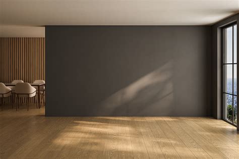 아파트의 현대적인 인테리어 디자인 테이블과 의자가 있는 식당 어두운 벽이 있는 빈 거실 파노라마 3d 렌더링 식당에 대한 스톡 사진 및 기타 이미지 Istock