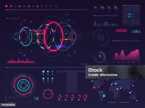 미래 Hud 디지털 터치 스크린 디스플레이 영상 데이터 그래픽 패널 및 차트 벡터 Infographic 서식 파일 테크놀로지에 대한 스톡 벡터 아트 및 기타 이미지 Istock