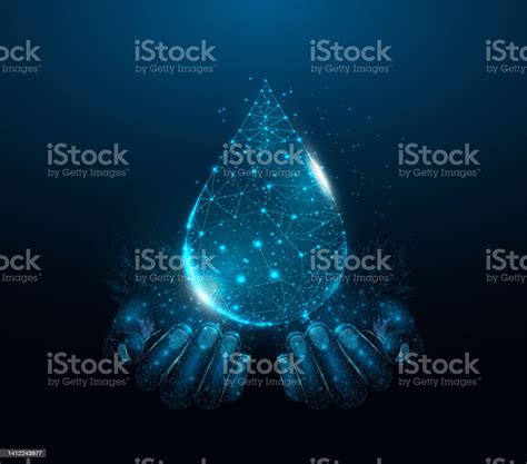 두 사람의 손은 물방울을 잡고 있습니다 진한 파란색 배경에 낮은 폴리 디자인으로 빛나는 와이어 프레임 추상적인 미래 지향적 벡터 일러스트레이션 물에 대한 스톡 벡터 아트 및