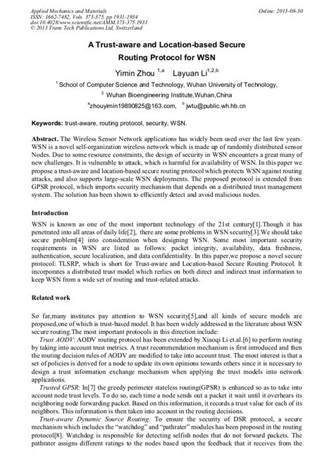 A Trust Aware And Location Based Secure Routing Protocol For Wsn Scientificnet
