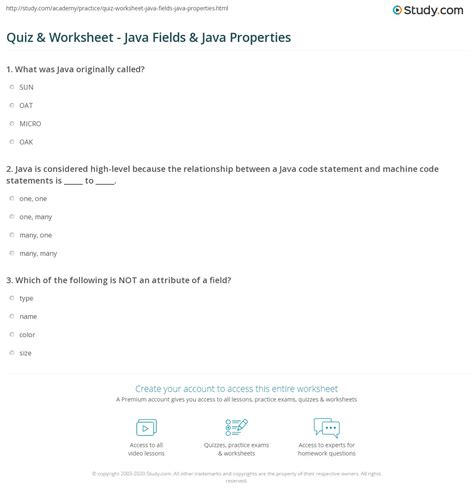 quiz and worksheet java fields and java properties