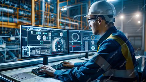 male engineer working on a computer in a control room with multiple