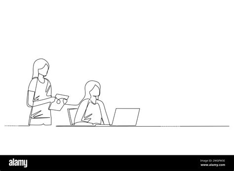 Continuous Line Drawing Of Two Young Female Worker Look At A Laptop