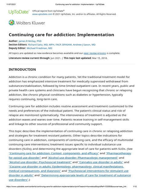 Continuing Care For Addiction Implementation Uptodate Pdf Substance Use Disorder