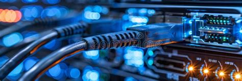 Fiber Optic Lan Cable Connected To The Server Switch For Enhanced Network Performance Stock