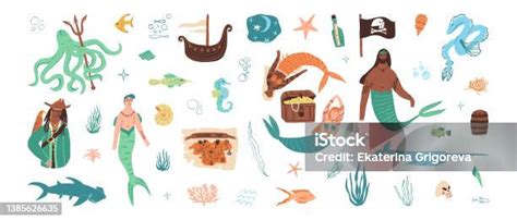 해적 바다 괴물과 문신 인어와 인어 큰 그래픽 컬렉션 모험지도와 오래된 배 해적 깃발 보물 두개골 스티어링 휠 바다 말 및 기타 동화 속성트 남자 인어에 대한 스톡 벡터