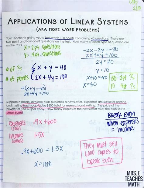 Systems Of Linear Equations Word Problems Inb Page Teaching Algebra