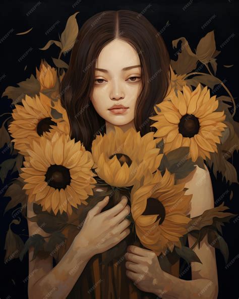 Premium Ai Image Girl With Sunflowers Digital Painting Drawing Portrait