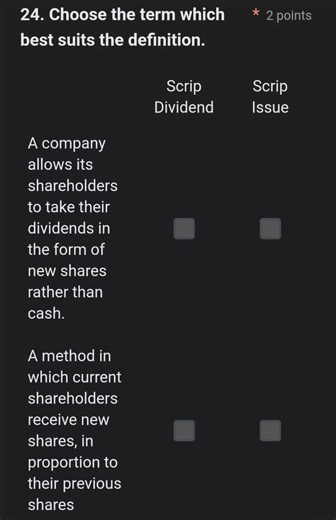 24 Choose The Term Which Best Suits The Definition 2 Points Scrip Dividend Scrip Issue A Company
