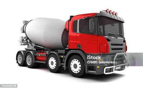 콘크리트 믹서 트럭 흰색 배경에 고립의 전면 모습 오른쪽 보기 관점입니다 3d 그림입니다 콘크리트에 대한 스톡 사진 및 기타 이미지 Istock