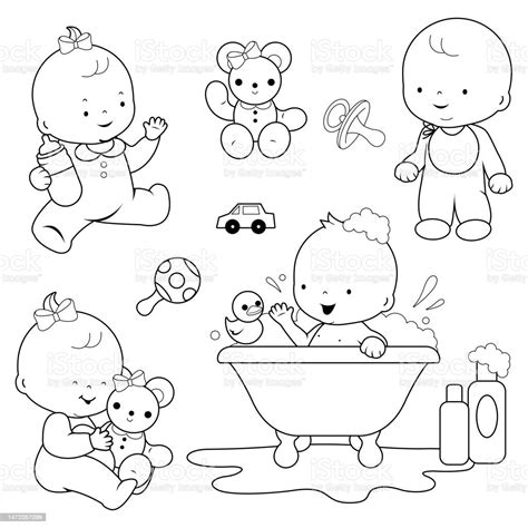 Ilustración De Bebés Tomando Un Baño Jugando Caminando Y Bebiendo Leche