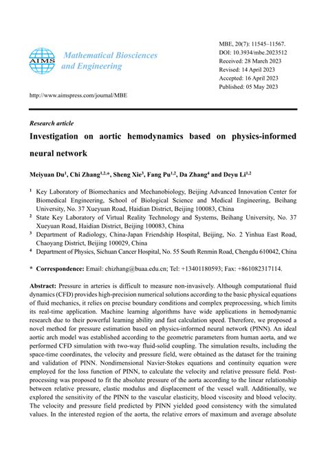 Pdf Investigation On Aortic Hemodynamics Based On Physics Informed Neural Network