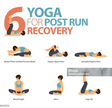 6 포스트 런 복구 개념에서 운동을위한 요가 포즈 여성 운동 용 몸 스트레칭 피트니스 인포그래픽용 요가 자세 또는 아사나 플랫 만화 벡터 건강한 생활방식에 대한 스톡 벡터