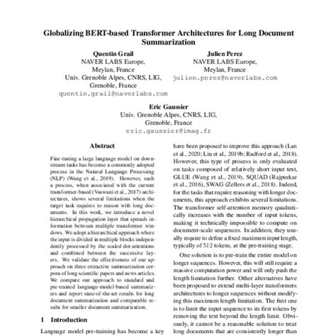 Globalizing Bert Based Transformer Architectures For Long Document Summarization Acl Anthology