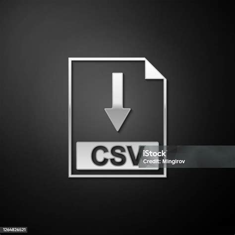 실버 Csv 파일 문서 아이콘입니다 검은 색 배경에서 격리된 Csv 버튼 아이콘을 다운로드합니다 긴 그림자 스타일 벡터 검은색에 대한 스톡 벡터 아트 및 기타 이미지