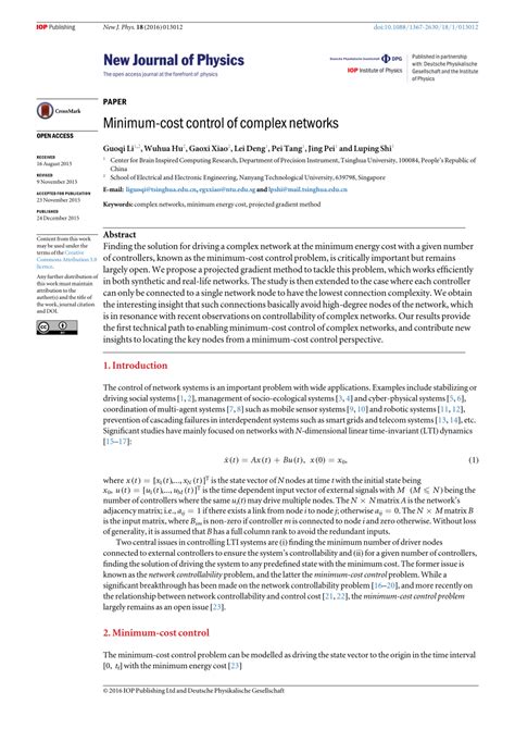 pdf minimum cost control of complex networks