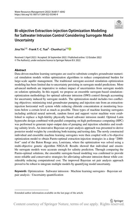 Bi Objective Extraction Injection Optimization Modeling For Saltwater Intrusion Control