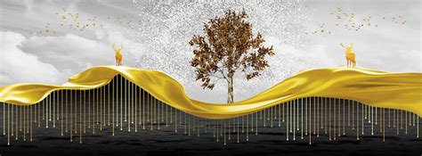 3d 아트 벽화 풍경 벽 장식 벽지 산 사슴 황금 물결 모양의 선과 밝은 회색 배경의 나무 가을에 대한 스톡 사진 및 기타 이미지 Istock