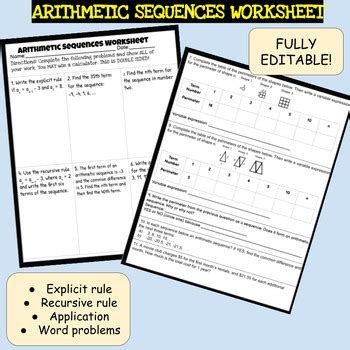 Arithmetic Sequences Worksheet Review Algebra Nth Term Recursive Explicit