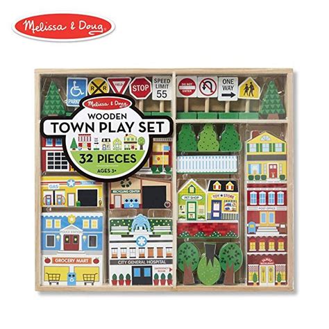 Melissa And Doug Wooden Town Play Set With Storage Tray 32 Pcs