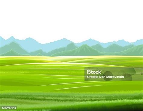 언덕과 초원 목초지의 건초 만들기 농지 녹색 잔디 멀리 있는 산 아름다운 시골 풍경 흰색 배경 위에 격리 벡터 경관에 대한 스톡 벡터 아트 및 기타 이미지 Istock