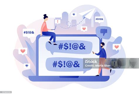 온라인 증오 사이버 괴롭힘 왕따 인터넷 트롤링 및 증오 발언 작은 사람들은 싫어하고 노트북에 부정적인 의견을 씁니다 현대 플랫 만화 스타일 벡터 일러스트레이션 Brand