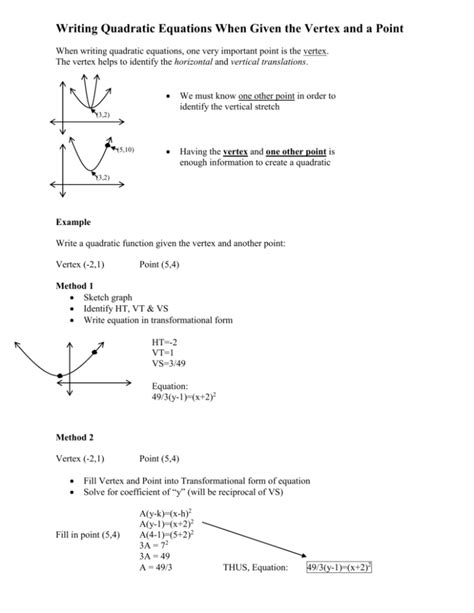 Writing Quadratic Equations When Given The Vertex And A Point