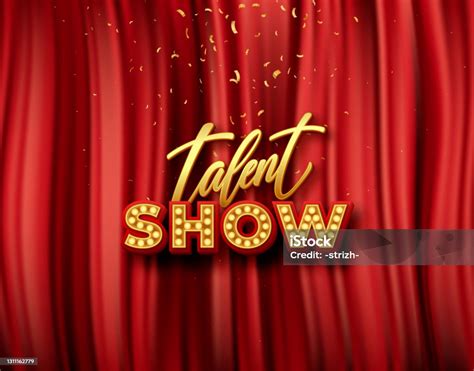 벡터 탤런트 쇼 배너 포스터 빨간 커튼에 금 비문 광고 또는 초대 할리우드에 대한 스톡 벡터 아트 및 기타 이미지 할리우드