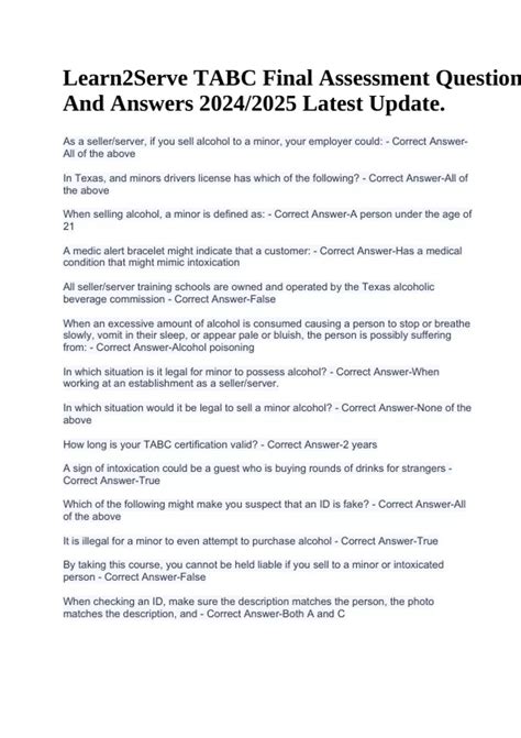 Learn Serve TABC Final Assessment Question And Answers Latest Update TABC Stuvia US