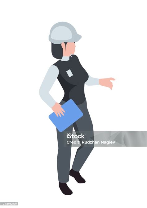 산업 노동자 등각 투영 아이콘입니다 제복을 입고 보호 헬멧을 쓴 여성 공장 직원 폴더 제어 기능이 있는 관리자는 건설 작업을 수행합니다 3d 벡터 일러스트 레이 션 3차원