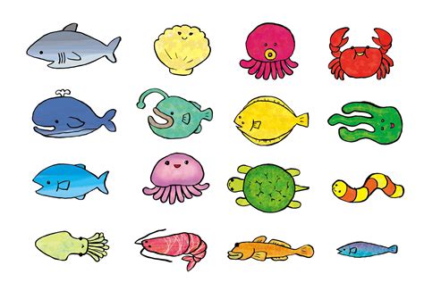 An Assortment Of Colorful Sea Animals On A White Background