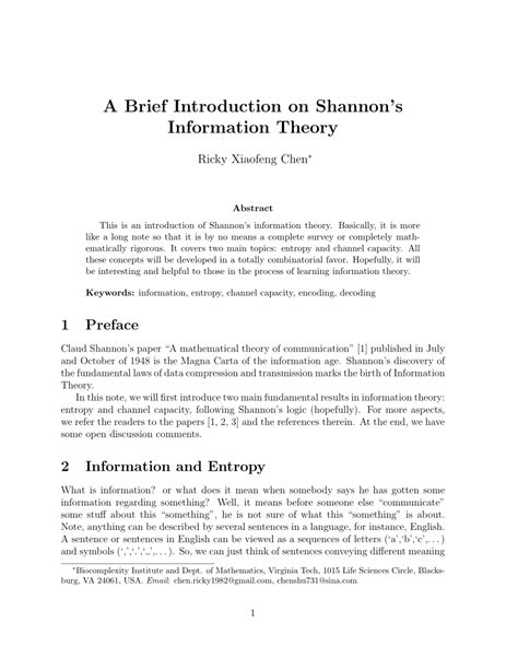 Pdf A Brief Introduction On Shannons Information Theory Old Version