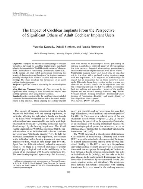 Pdf The Impact Of Cochlear Implants From The Perspective Of Significant Others Of Adult