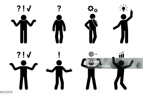 스틱 피겨 맨 문제 솔루션 개념 벡터 일러스트 레이 션 세트 창의적인 아이디어 통찰력 아이콘 픽토그램 흰색 배경 스틱피겨에 대한 스톡 벡터 아트 및 기타 이미지 Istock