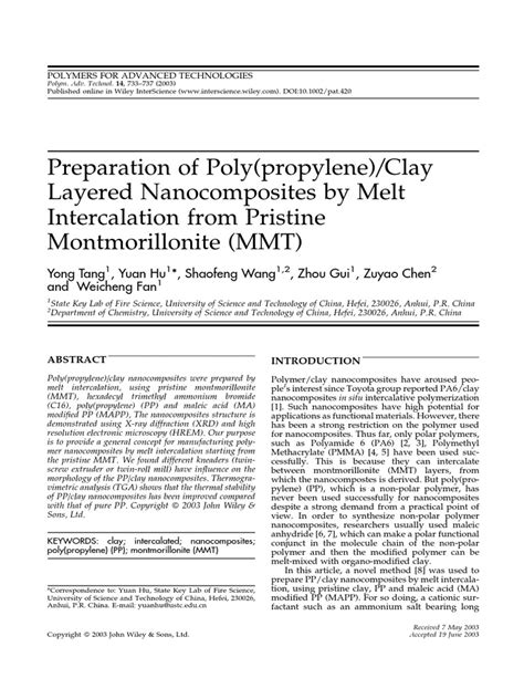 Tang Et Al 2003 Polymers For Advanced Technologies Pdf Nanocomposite Polymers