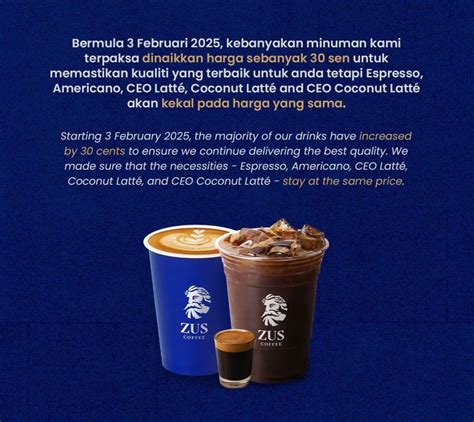 Harga Minuman Zus Coffee Kini Naik 30 Sen Kecuali Espresso Americano