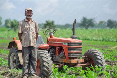 Indian Farmer Standing Near Tractor At Agriculture Field Premium Ai
