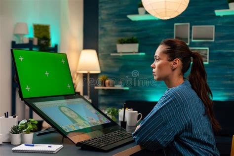 Studio Editor Worker Looking At Green Screen On Monitor Stock Image