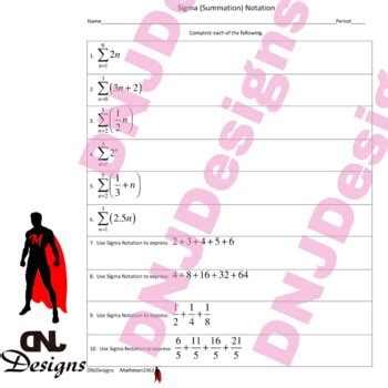 Sigma Summation Notation Printable Handout Worksheet TPT