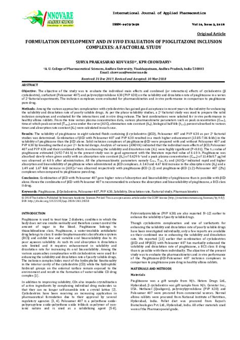 Pdf Formulation Development And In Vivo Evaluation Of Pioglitazone Inclusion Complexes A