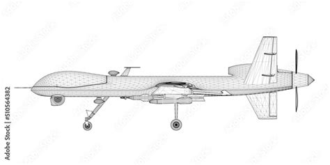 Black Lines Combat Drone Wireframe Isolated On White Background Side View 3d Vector