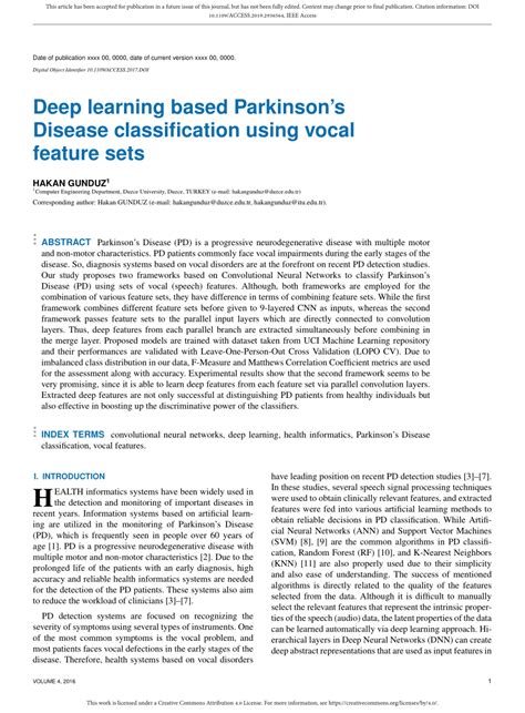 Pdf Deep Learning Based Parkinsons Disease Classification Using Vocal Feature Sets