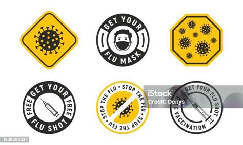 벡터 세트 6 독감 징후 스티커 배지 및 S 경고 바이러스 바이러스 중지 독감 주사 무료 예방 접종 의료 마스크 독감 라벨은 흰색 배경에 격리 된 디자인 0명에 대한 스톡