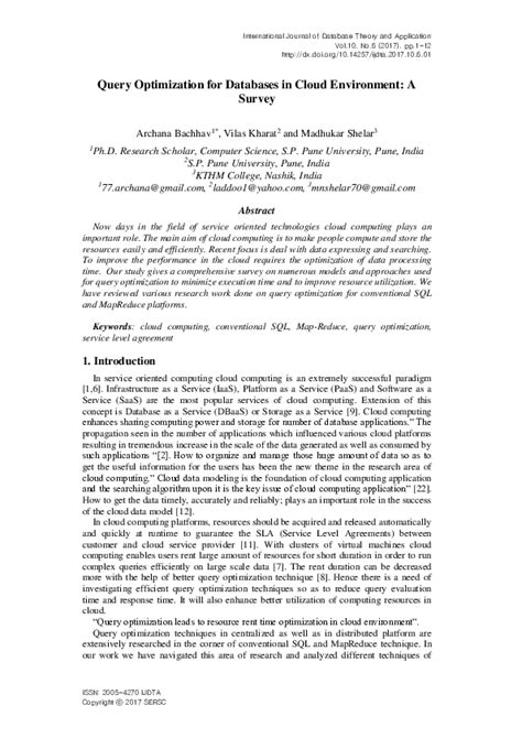 Pdf Query Optimization For Databases In Cloud Environment A Survey