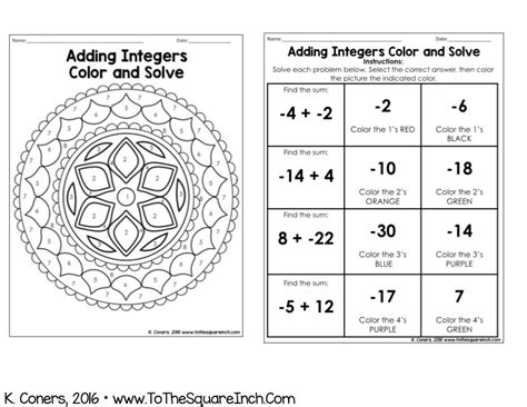 Adding Integers Color And Solve To The Square Inch Worksheets Library