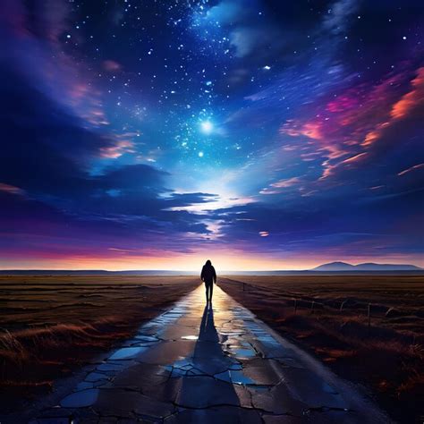 Lonely Figure Walking Down Endless Road Premium Ai Generated Image