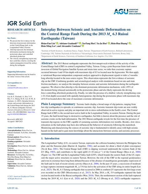 Interplay Between Seismic And Aseismic Deformation On The Central Range Fault During The 2013 Mw