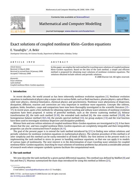 Pdf Exact Solutions Of Coupled Nonlinear Kleingordon Equations