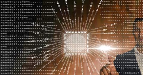 Composition Of Man Touching Screen With Binary Coding And Data
